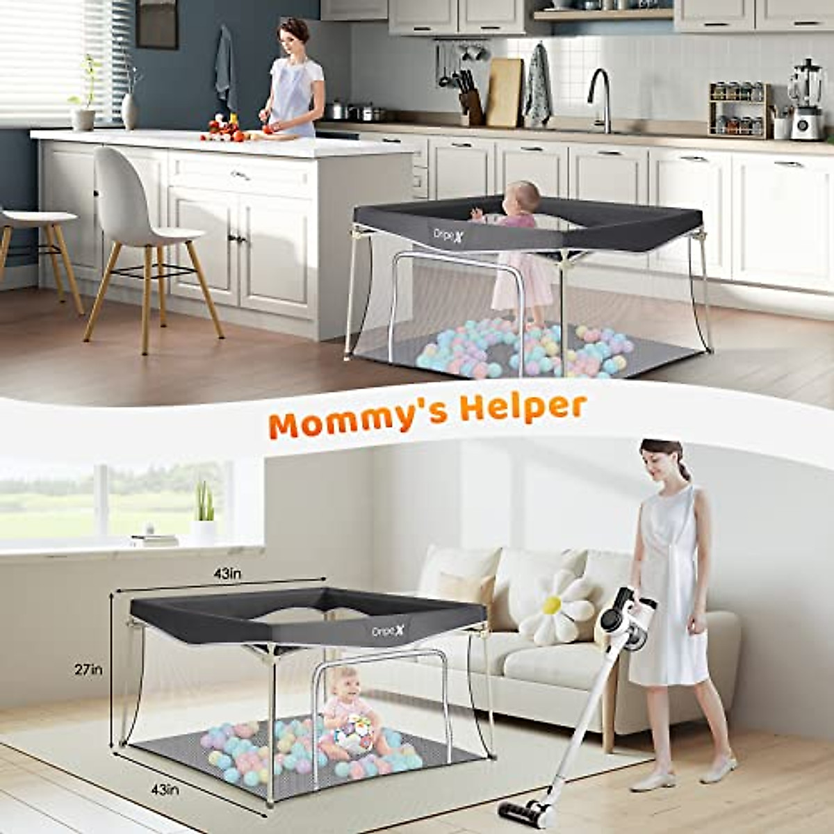 Foldable Playpen, Dripex Baby Playpen with Mat, Collapsible Baby Playpen, Playpen for Babies and Toddlers, 43" x 43" Baby Play Yard for Indoor&Outdoor