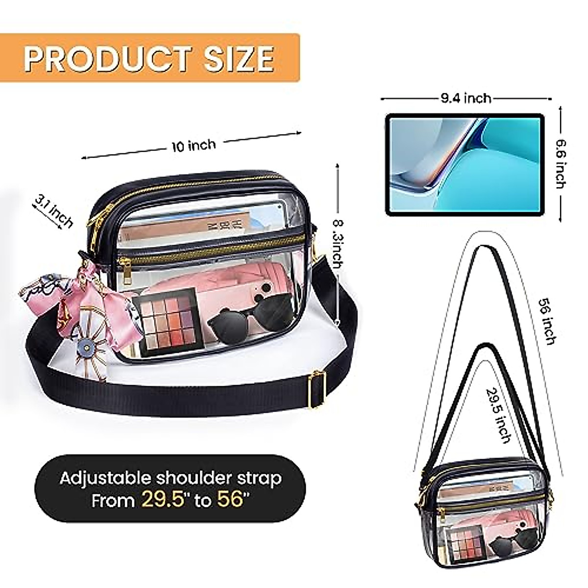 EXQUILEG Clear Bag Stadium Approved - Clear Crossbody Bag with Adjustable Strap, Large Clear Purse for Concerts Sports