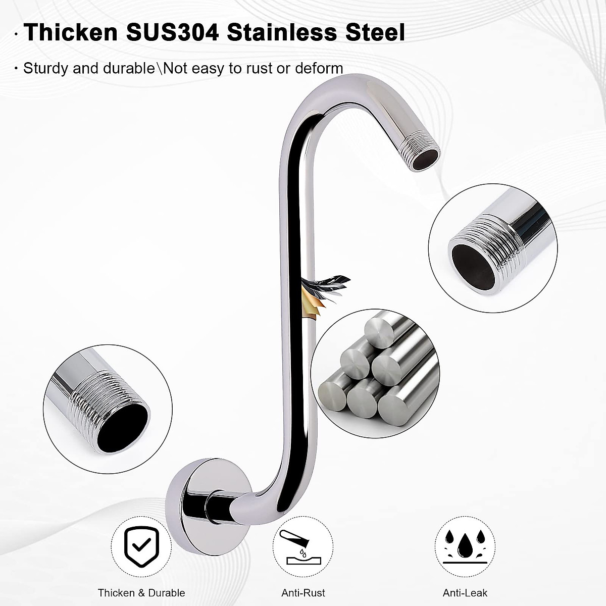 HarJue S Shaped Shower Arm, High Rise Shower Head Extension Pipe Standard 1/2" Connection with Flange, Awesome Shower Experience-Stainless Steel Bathroom Accessory(10 Inch S Shape, Chrome Finish)