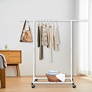 Fishat Freestanding Heavy Duty Metal Clothing Garment Rack Hanging Clothes on Lockable Wheels Mobile for Coats Dresses, Dorm Bedroom Home Balcony, Rolling Organizer Simple Standard Rod Portable, White