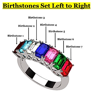 Central Diamond Center Emerald Cut Lucita Mothers Birthstone Ring w/ 1 to 7 Simulated Birthstones - Sterling Silver-Size 11