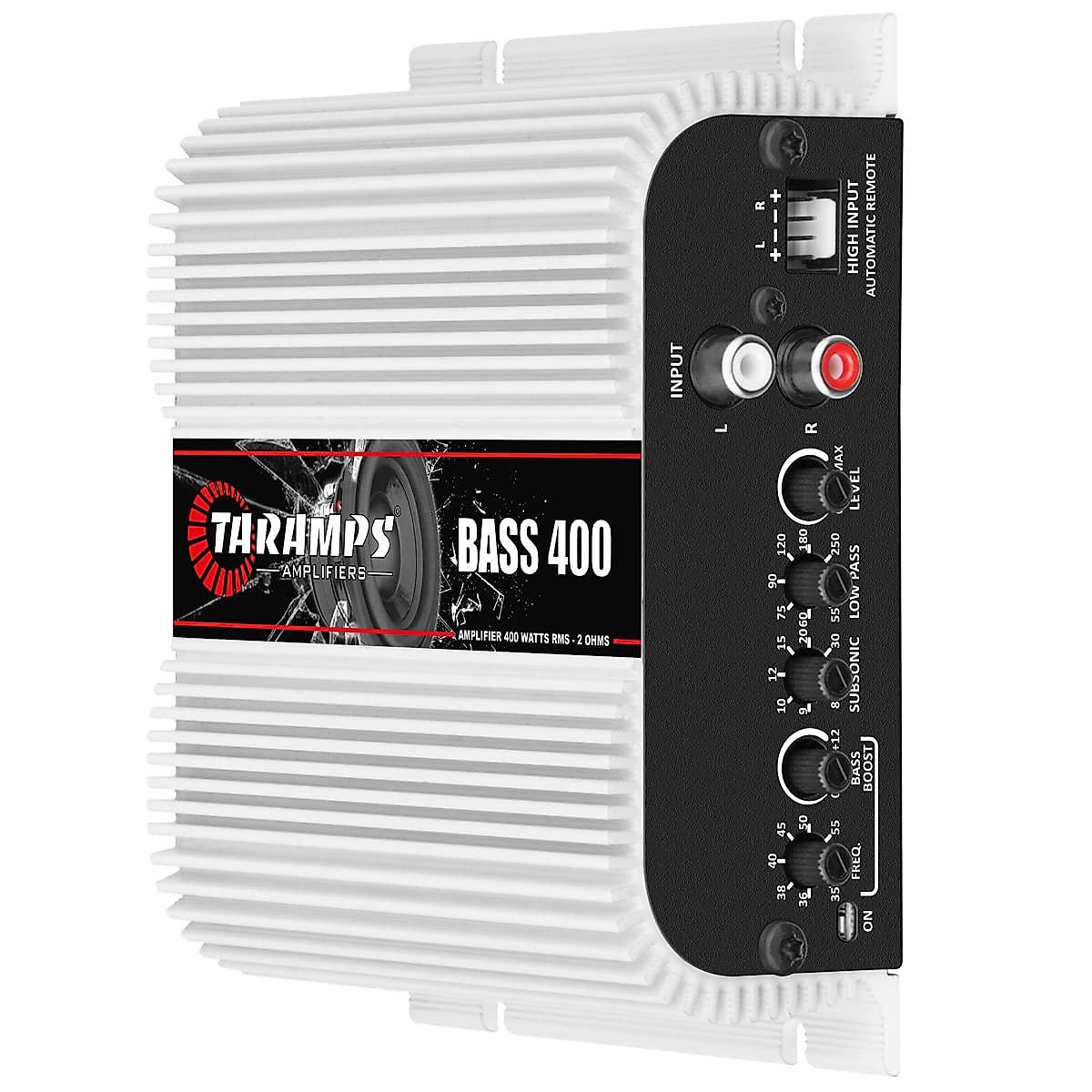 Taramps Bass 400 2 Ohms Monoblock Amplifier 400 Watts Rms 1 Channel 14.4VDC Out Power Full Range, Great for Sub/Bass - Rca/High Level Input, Car Audio