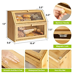 Bread Storage Farmhouse Bread Box For Kitchen Countertop Bread Container With Clear Window Breadbox Double Layer Bamboo Wooden Extra Large Capacity Bin Kitchen Food Storage Container(Trapezoid)Self-Assembly
