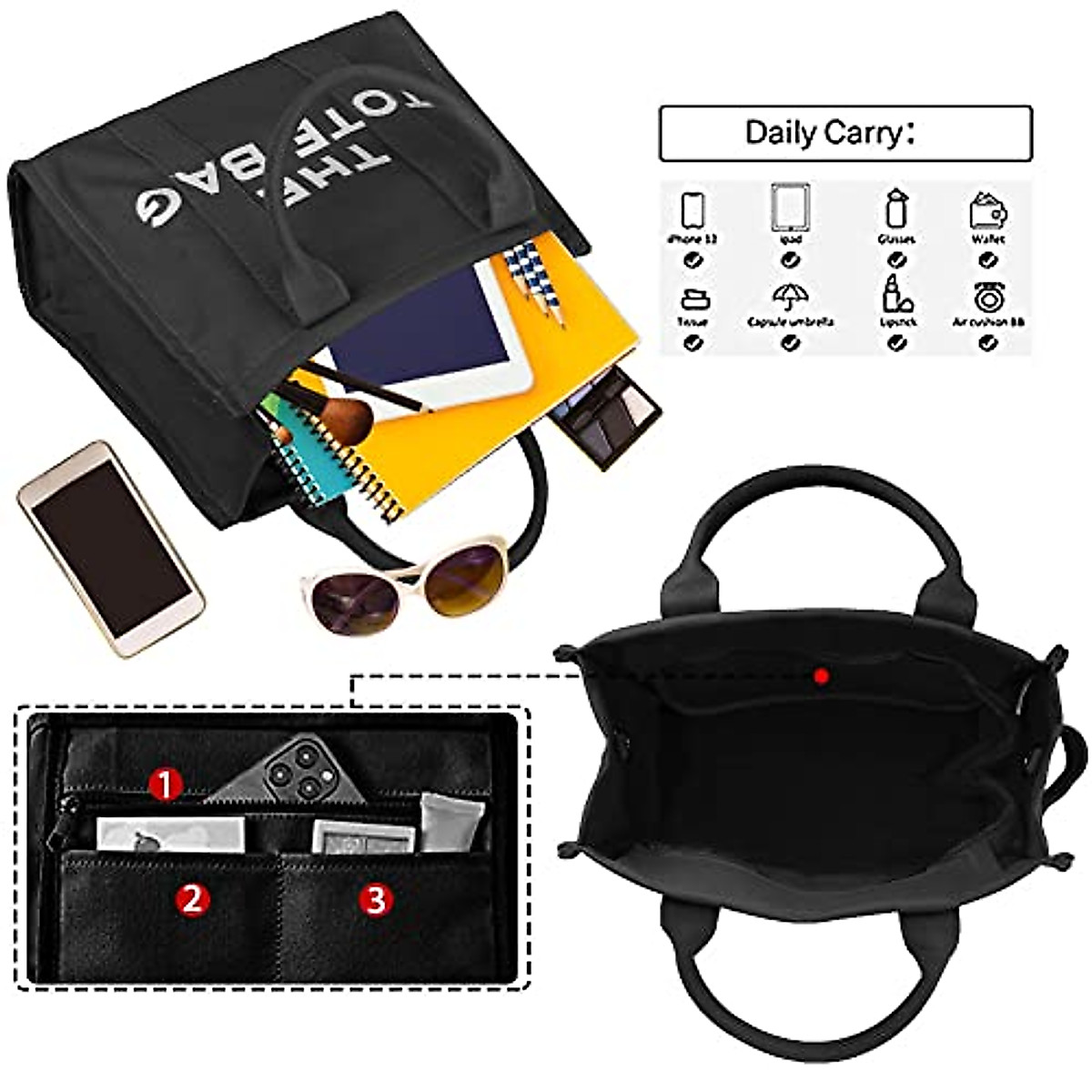 Rezido The Tote Bag for Women Crossbody Canvas Tote Bag Traveler Handbag Zipper Canvas Tote Bag A-black