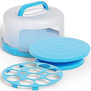 Cake Cupcake Carrier with Lid and Handle + Cake Stand Plate with Dome | 10" Round Cake Container Holder with Cover | Plastic Pie Carrier Cake Storage Container | Bunt Keeper Platter Tray for Transport