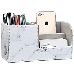 KINGFOM Desk Organizer Office Supplies Caddy Pu Leather Multi-Function Storage Box Pen/Pencil,Cell Phone, Business Name Cards Remote Control Holder Gray Marble