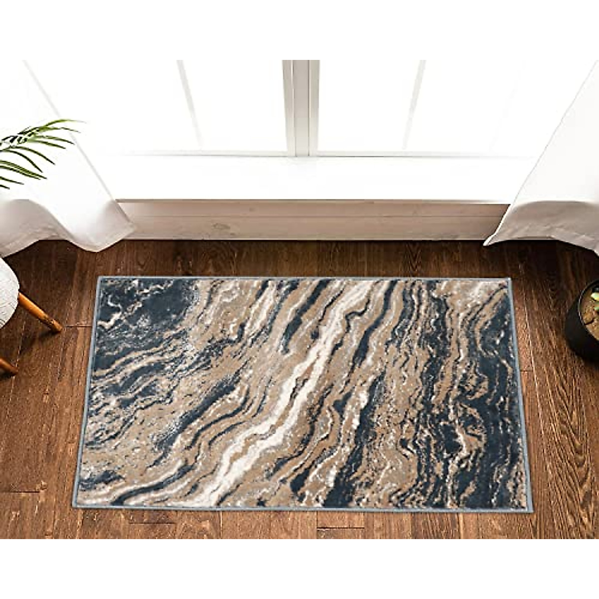 Radiant Homes And Rugs Luxury Waves Blue Modern Abstract Easy-Cleaning Living Room Bedroom Entryway Dining Home Office Area Rug 2' x 3', Blue/Silver