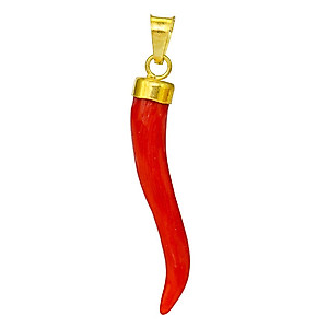 JJP Jewelry Good Luck Coral Charms - Cornetto - Coral Horn made of Genuine Italian Corallium Rubrum Harvested and Handcrafted in Italy - 18K gold Plated Bale - 0.8 inch.