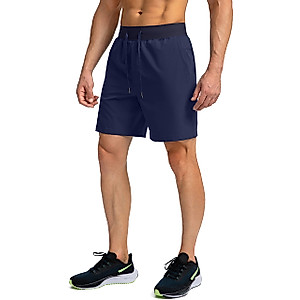 Men's Running Shorts with Zipper Pockets 7 Inch Lightweight Quick Dry Gym Athletic Workout Shorts for Men (Navy, L)