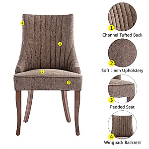 mikibama Linen Dining Chairs Set of 2 Channel Tufted Kitchen Dinner Chair Comfy Fabric Upholstered Accent Chair for Dining Room with Solid Wood Legs (Brown)