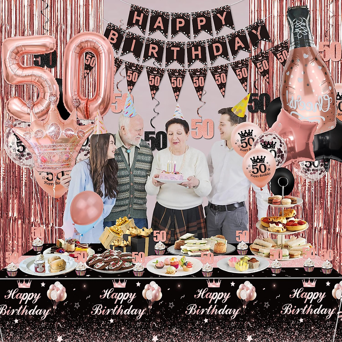 50th Black and Rose Gold Party Decorations - Happy Birthday Banner, Pennant, Birthday Balloons, Fringe Curtains, Tablecloth, Cake Topper, Hanging Swirls 50th Birthday Decorations for Women Princess