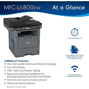 Brother MFC-L6800DW All-in-One Wireless NFC Monochrome Laser Printer for Office - Print Copy Scan Fax - 48 ppm, 1200x1200 dpi, 512MB Memory, Auto Duplex Printing, 80-Sheet ADF, CBMOUN Printer Cable