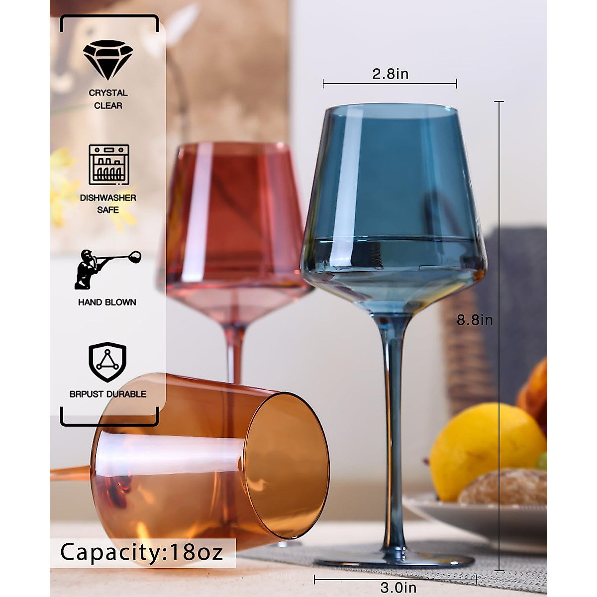 Colored Wine Glasses Set of 6-18oz Multi Colored Square Wine Glasses with Tall Long Stems and Flat Bottom,Crystal Colorful Wine Glasses-Unique Gifts for Wine Lovers,Wedding,Engagement Gifts