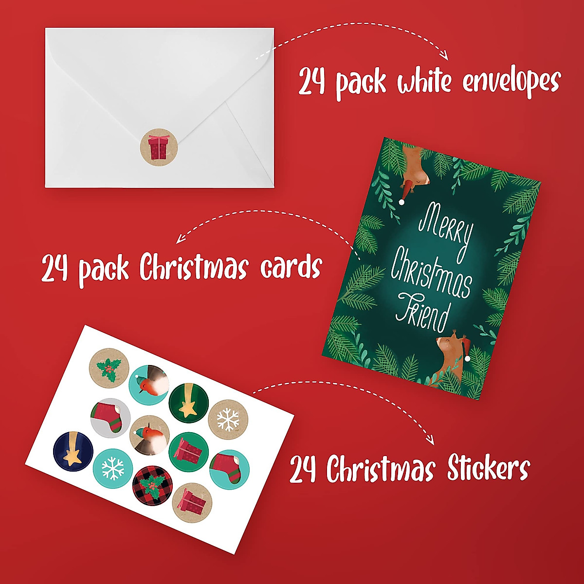 ZICOTO Beautiful Christmas Cards Set of 24 - Incl. Bulk Envelopes, Matching Stickers And Storage Box - Perfect to Send Warm Holiday Wishes to Friends and Family
