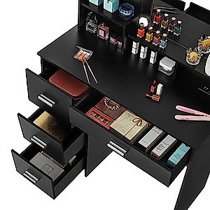 Quimoo Vanity Desk with Mirror and 10 LED Lights, Makeup Vanity with Charging Station and 4 Drawers Chest & Shelves, Vanity Set, Vanity Table with Cushioned Stool, for Bedroom, Black