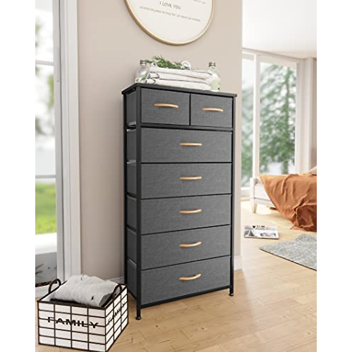 Pellebant Dresser for Bedroom with 7 Drawers, Tall Dresser Vertical Storage Tower, Sturdy Metal Frame, Fabric Storage Bins with Wooden Handle and Wooden Top, Organizer Unit for Closet/Hallway, Grey