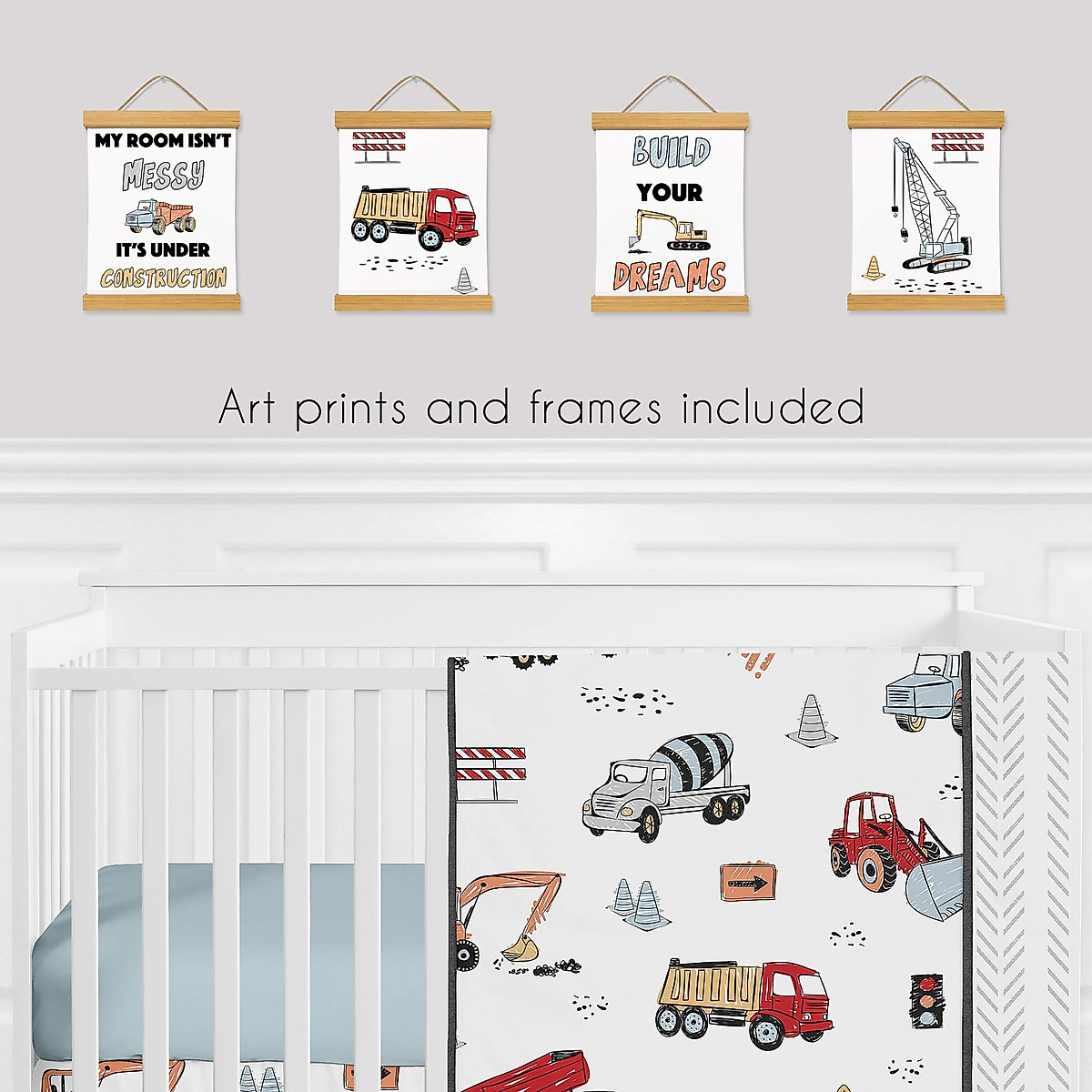 Framed Sweet Jojo Designs Construction Truck Wall Art Prints Room Decor for Baby, Nursery, and Kids - Set of 4 - Grey Yellow Orange Red and Blue Transportation with Wooden Hanging Magnetic Frames