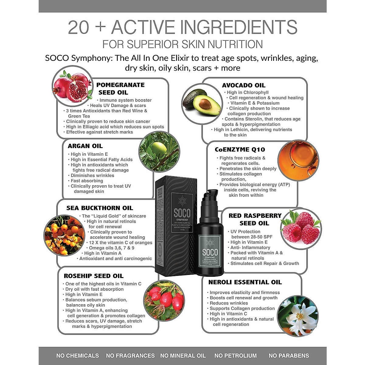 SOCO Botanicals Face Oil Serum - Anti Aging Organic Elixir for Face and Eyes with Sea Buckthorn, Argan, Rosehip & CoQ10, Neroli & Immortelle Essential Oil Blend