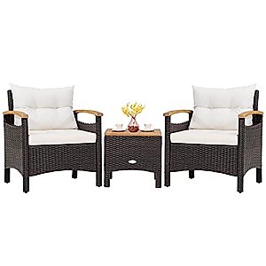 Tangkula 3-Piece Patio Furniture Set, Patiojoy Outdoor Rattan Sofa Set with Coffee Table, Patio Conversation Set with Removable Cushion, Cozy Acacia Wood Armrests for Backyard, Poolside (Off White)