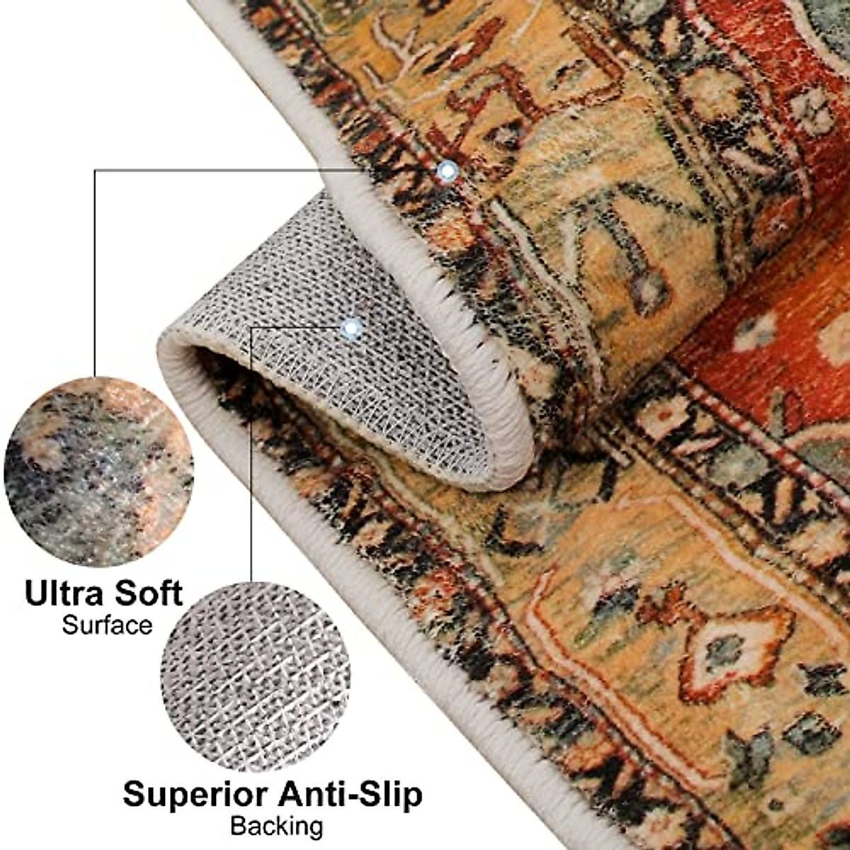 Boho Area Rug, 4' x 6' Machine Washable Rugs for Entryway Faux Wool Large Rugs Distressed Throw Rug Non-Slip Floor Carpet for Indoor Bedroom Kitchen Living Room