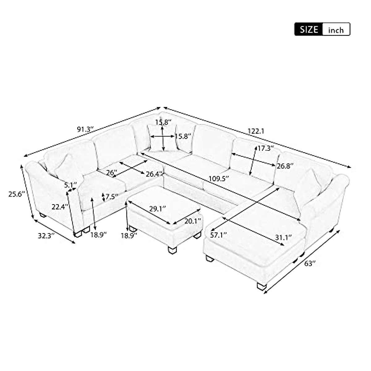 Elegant Sectional Sofa Couch with Movable Ottoman and Right Side Chaise Lounge ,U-Shaped Corner Velvet Upholstered Sectional & Couch W/ 3 Pillows for Home Office Apartment Living Room Furniture Sets