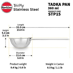 HAWKINS 1.5 Cup Tadka Pan, 360 ml Triply Stainless Steel Pan, Induction Pan, Silver (STP15)