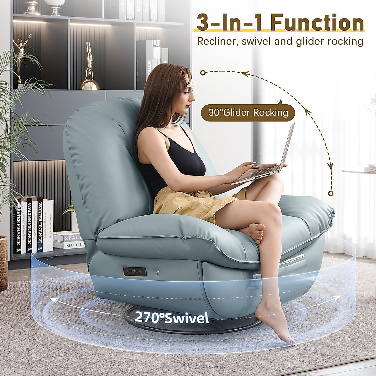 COOSLEEP Oversized Power Swivel Recliner Chair Rocker with 43.5'' Oversized Sitting Width and 270° Swivel,360° Surround Sound and Breathing Lighting,Comes with a 3-in-1 Pillow, 380 Lbs Capacity(Blue)