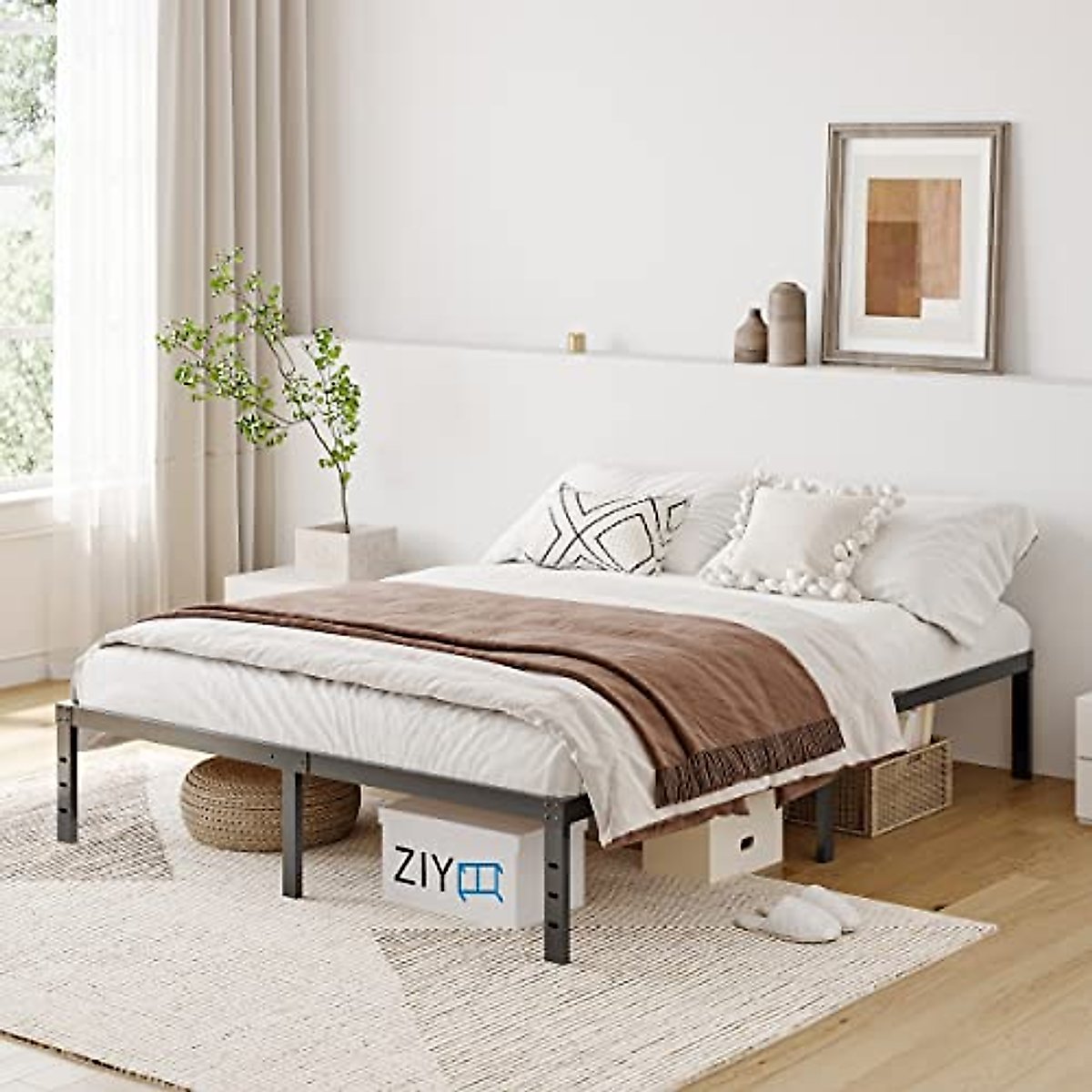 ZIYOO Queen Size Bed Frame, 3" Extra Wide Wood Slats with Better Support for Mattress,14 Inch High, No Box Spring Needed, Noise Free, Easy Assembly