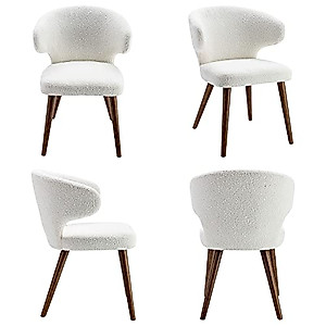 RIVOVA Upholstered Accent Arm Chairs Set of 4, Faux Sherpa Mid Century Modern Dining Chairs for Kitchen Dining Room Side Chairs with Wood Legs, White