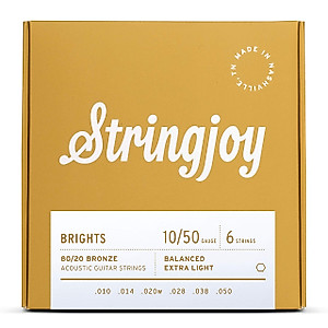 Stringjoy BB1050 Brights 80/20 Bronze Acoustic Guitar Strings, (Extra Light Gauge - 10-50)