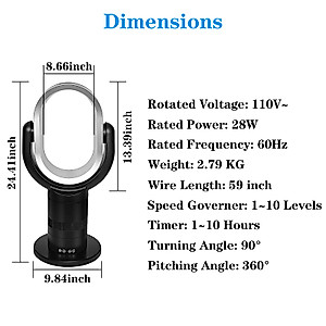 HealSmart Medium size portable bladeless fan, small table fan, 10 speeds settings, 10-hour timing closure bladeless fan, stylish and modern fan, low noise, lightweight, 24 inches, black