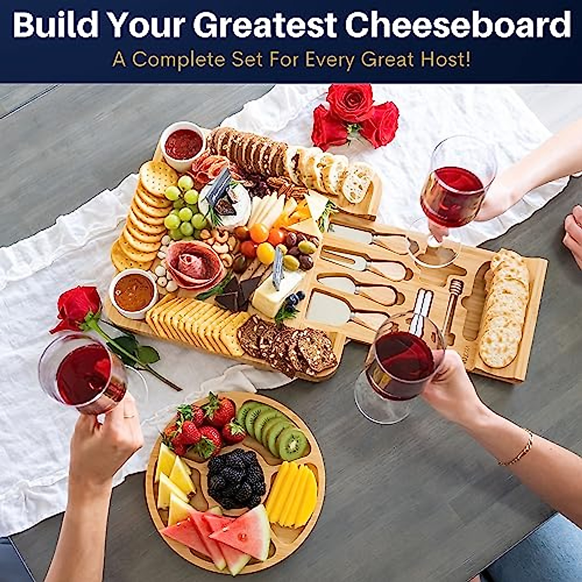 VAREZZA Extra Large Charcuterie Boards Set: Bamboo Cheese Board and Knife Set - Cheese Tray, Round Bamboo Fruit Cheese Platter, 10 Charcuterie Boards Accessories, House Warming Gifts New Home - Unique