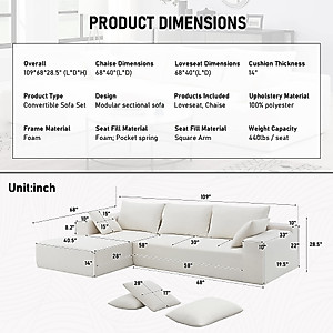 Yoglad L Shaped Sectional Sofa Set, 4-Seat Upholstered Couch,Free Combination Sofa, for Living Room,Bedroom,Office,Apartment (109IN,White Chenille)