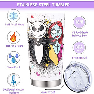 LAZYKITTY Nightmare Before Christmas Tumbler Cup with Straws and Lid, Jack and Sally Nightmare Before Christmas Gift for Women Friend Wife Daughter, Double-wall Stainless Steel Vacuum Insulated, 20 Oz