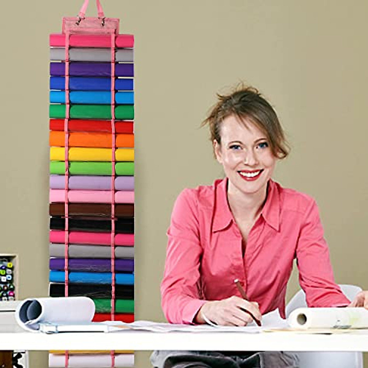 KGMCARE Vinyl Storage Organizer Craft Roll Holder Wall Mount Roll Hanger Rack Hanging Cricut Organizer(Pink)
