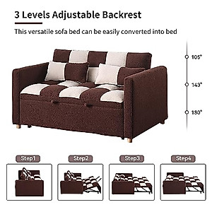 Gangnamri Loveseat Sofa Bed, Pull Out Sleeper Sofa with Adjustable Backrest and Pillows, Teddy Fabric Couch Bed for Living Room, Apartment and Small Space (Brown)