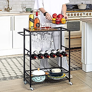 melos Bar Cart, Mobile Bar Serving Cart, Rolling Wine Cart with Glass Stemware Rack and Wine Bottle Holders, ndustrial Vintage Style Kitchen Serving Cart for, Kitchen(Brown)