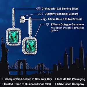 Gem Stone King 925 Sterling Silver Gemstone Birthstone Earrings | Emerald Cut 9X7MM | Drop Dangle Earrings for Women