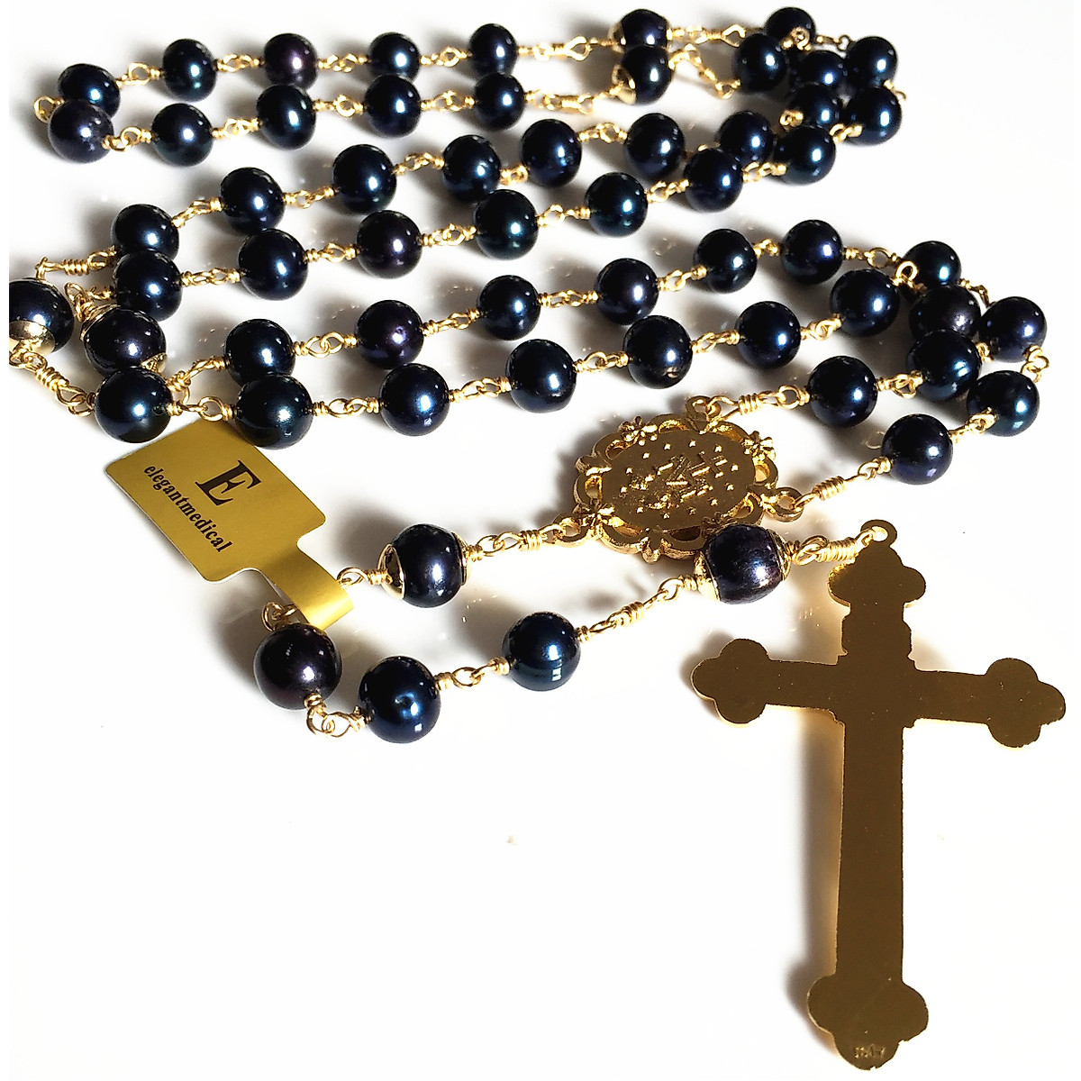 elegantmedical Black AAA+10mm Real Pearl BEADS GOLD ROSARY CROSS Necklace & box Catholic GIFTS