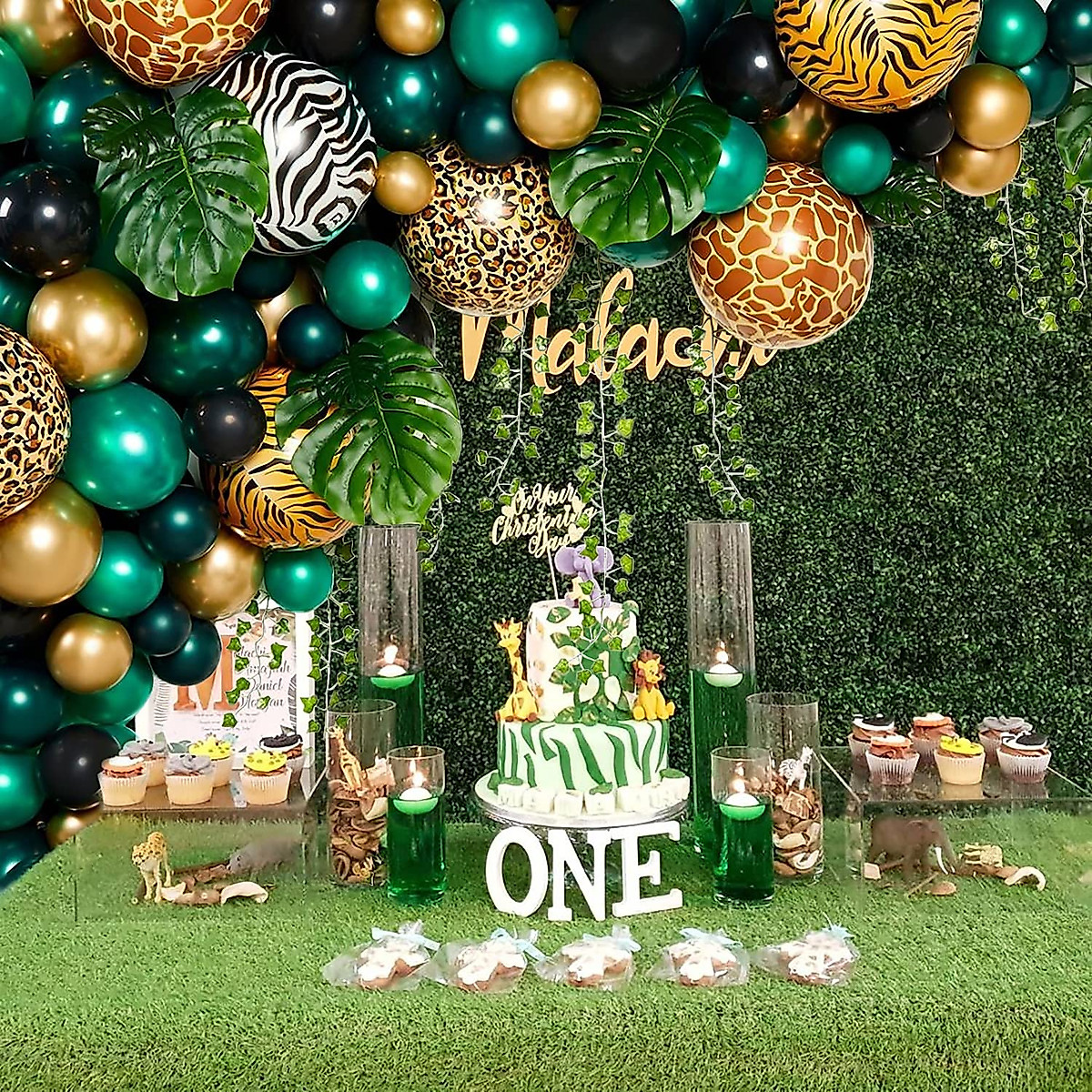 sherpaa Jungle Safari Green Balloon Garland Kits,Tropical Decorations Backdrop,Tropical Leaves,Ivy Vines,Animal Print Foil Balloons,Wild One Birthday Party Supplies for Baby Shower