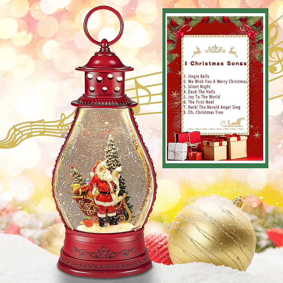 XPHOME Lighted Christmas Snow Globe Lantern Snowglobe Musical Battery Operated with Santa Claus Tree Glittering Swirling USB 6H Timer Home Decoration Holidays Decor and Gift
