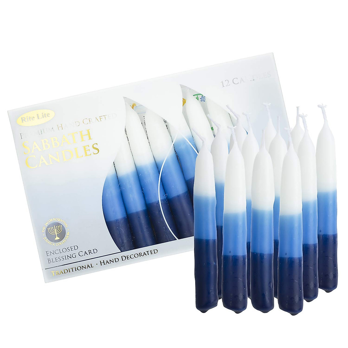 Shabbat Candles by Rite Lite - 12 Pieces - Packaged in a Beautiful Box with an Artistic Card (White & Blue)