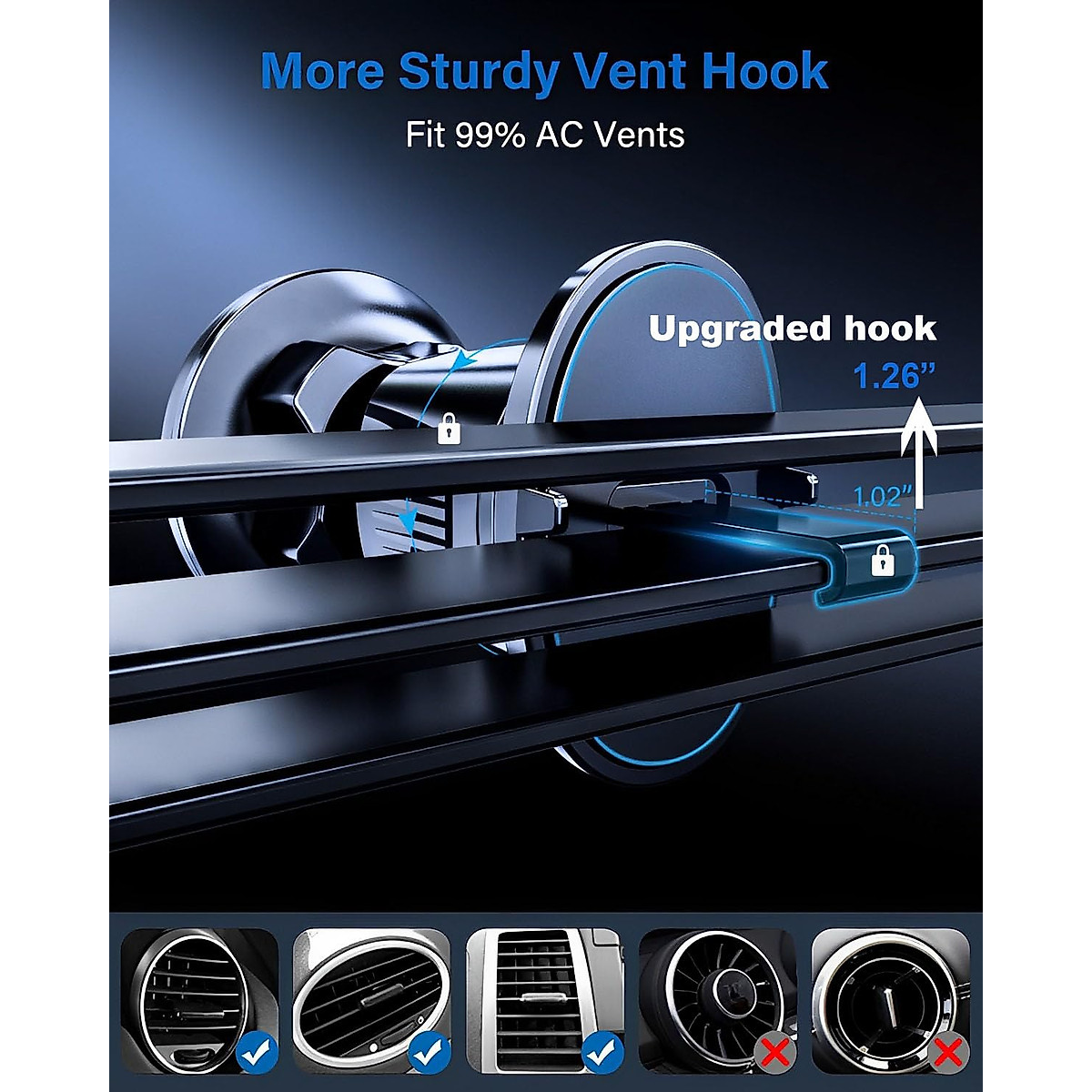 [ Military-Grade Magnetic Vent Hook] Phone Holder for Car, Hands Free Phone Car Mount Strong Magnet Air Vent Mount, 360° Rotation Car Phone Holder Compatible with iPhone Samsung Galaxy All Smartphones