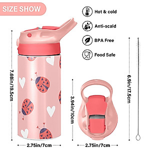 ALAZA Ladybug White Hearts Kids Water Bottles with Lids Straw Insulated Stainless Steel Water Bottles Double Walled Leakproof Tumbler Travel Cup for Girls Boys Toddlers 12 oz,Pink