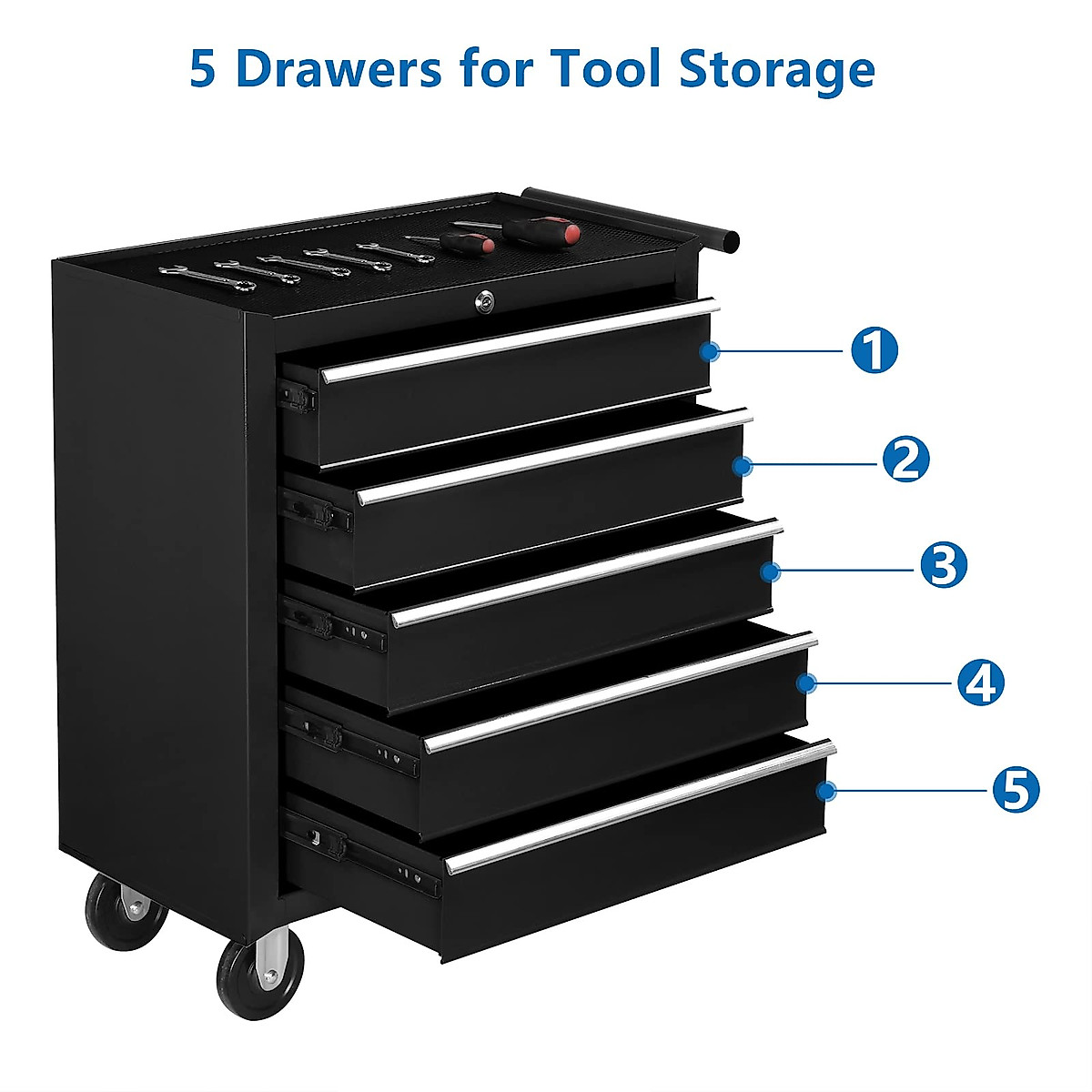 TUFFIOM 5-Drawer Rolling Tool Chest w/Lock & Key, Tool Storage Cabinet with Wheels, Top Cushion & Drawer Liners, Tool Organizer Box for Garage, Warehouse & Repair Shop, Black