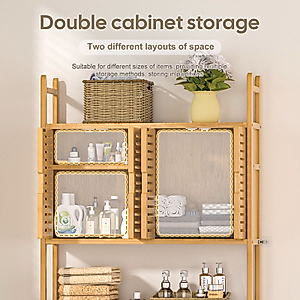 Cozivolife Over The Toilet Storage Cabinet with Toilet Paper Holder Stand,Bamboo Bathroom Organizer Shelf with Four Door and Waterproof Feet Pad,Space Saver Storage Rack with Anti-Tip Design (Natural)