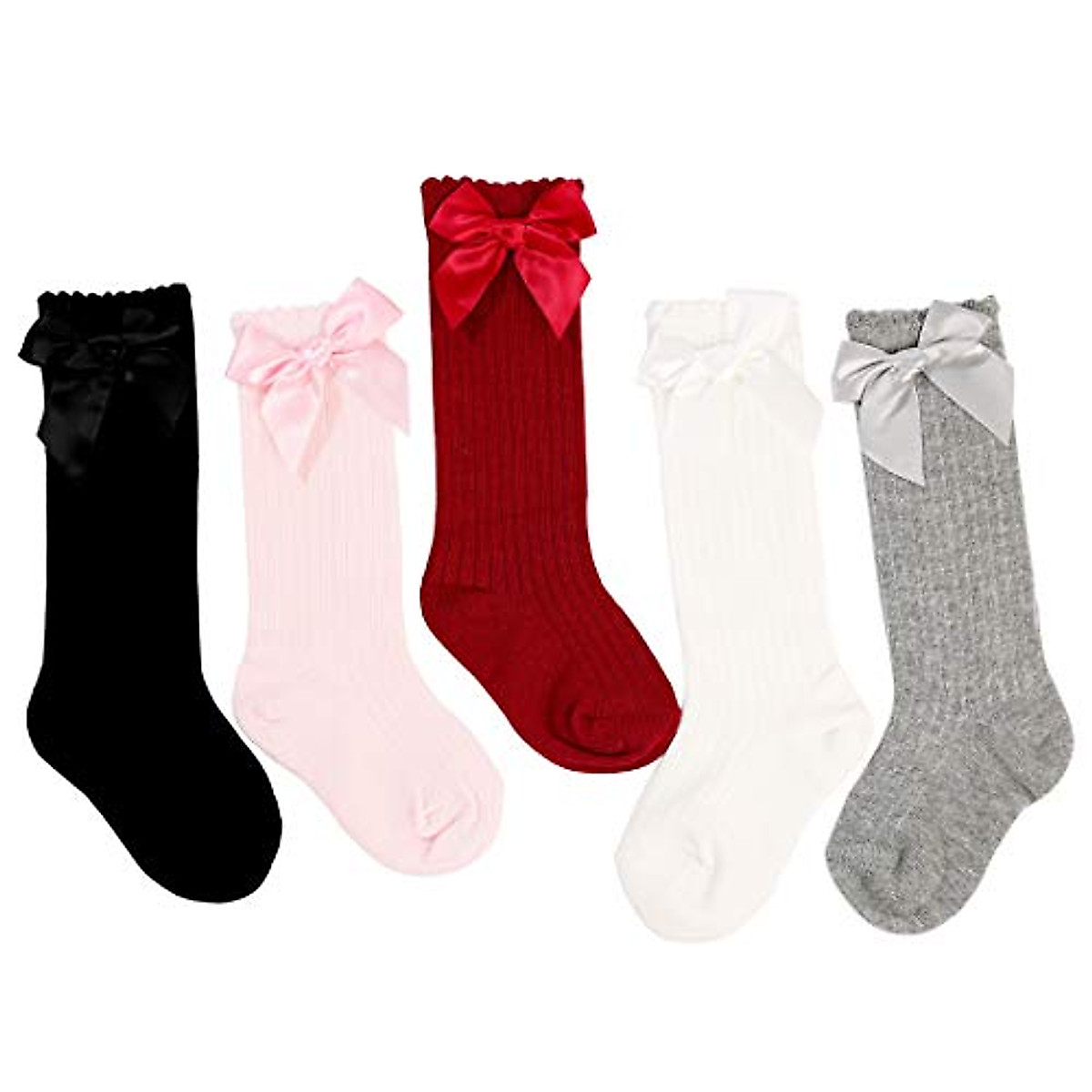 BSMTEBN 5Pairs Baby Kids Cotton Soft Breathable Knee-High Over Calf Socks Girls Striped Bowknot Bow Cute School Socks Infant Newborn Leg Warmers Stockings (M(2-4 Years))