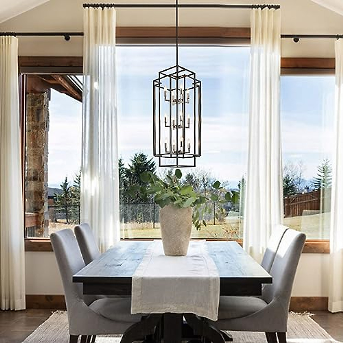 WJShome Silver 12 Lights Pendant Light, Metal Lantern Shape Island Light, Vintage Black Ceiling Light, Industrial Tiered Hanging Light Fixture for Living Room, Kitchen