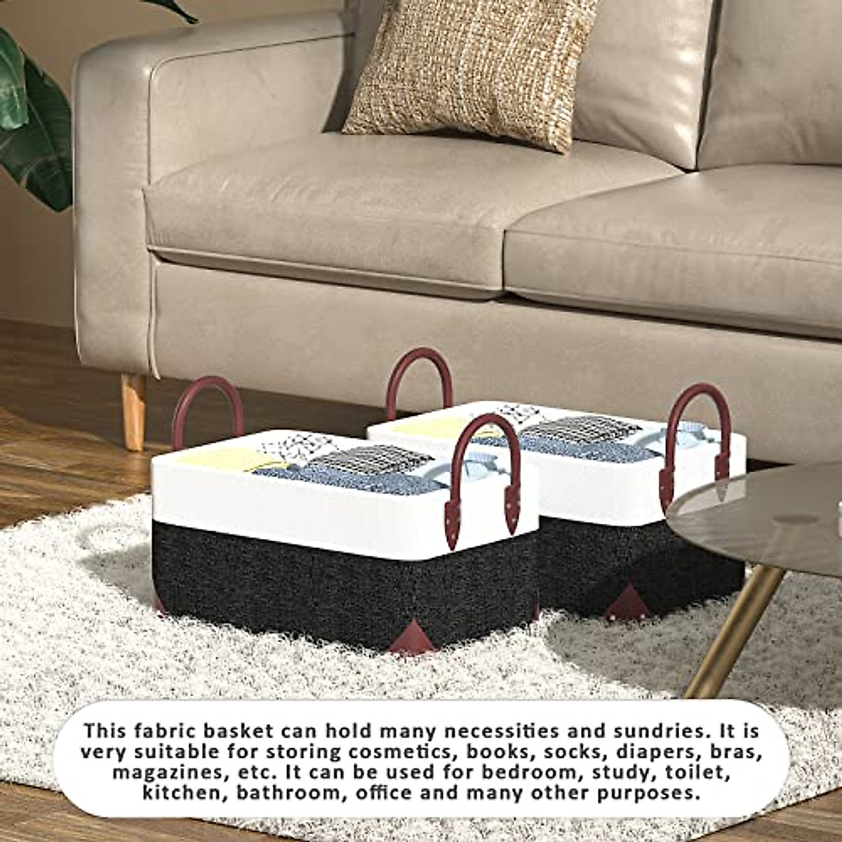 Foldable Storage Bins Baskets - Decorative Linen Fabric Storage Baskets with Steel Frame and PU Leather Handles for Organizing Shelf Closet