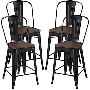 Yaheetech 24Inch Seat Height Style Dining Stools Chairs with Wood Seat/Top and High Backrest, Industrial Metal Counter Height Stool, Modern Kitchen Dining Bar Chairs Rustic, Black, Set of 4